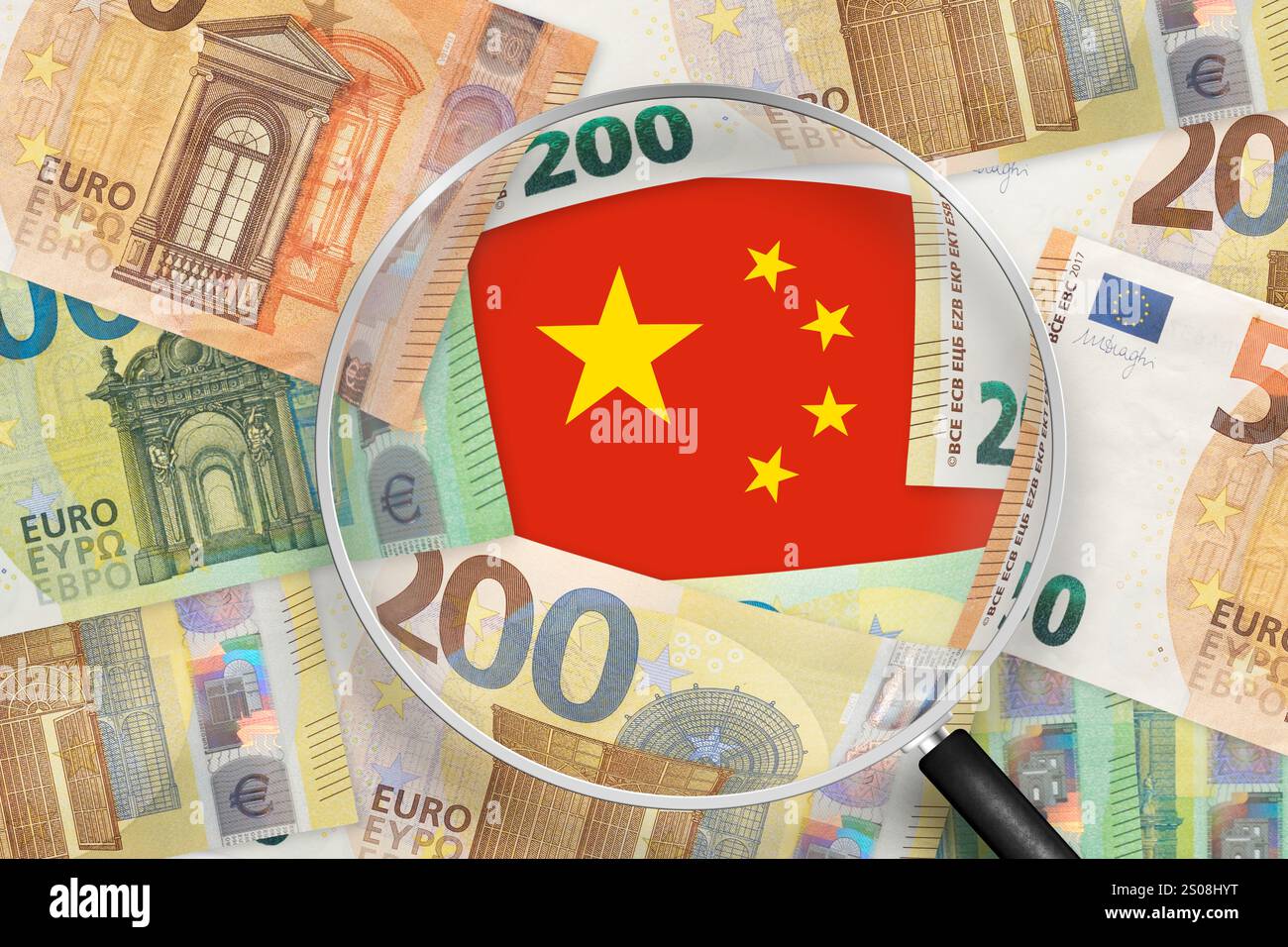 Chinese flag and Euros banknotes. EU and China trade war . View through ...