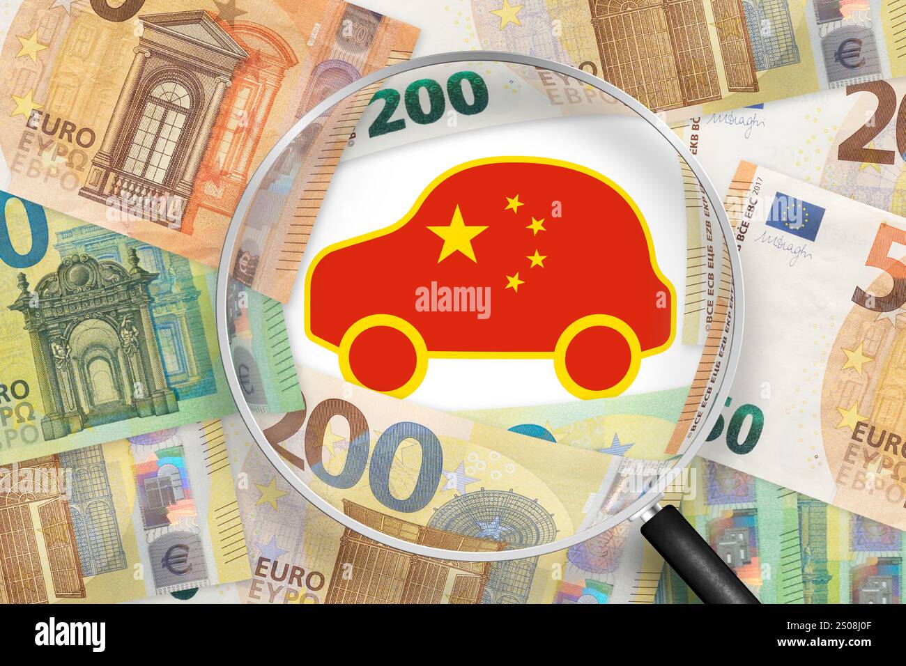 Chinese EV car and Euros banknotes. EU and China trade war . View ...