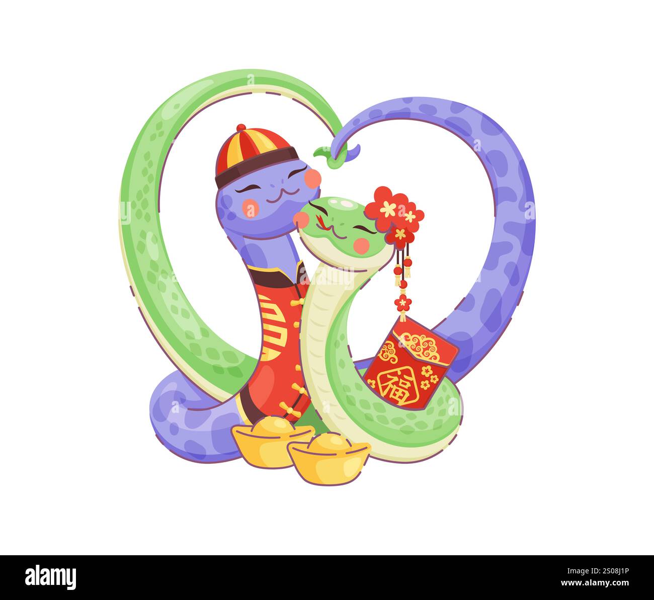 Cartoon valentines day Asian snakes couple dressed in traditional ...