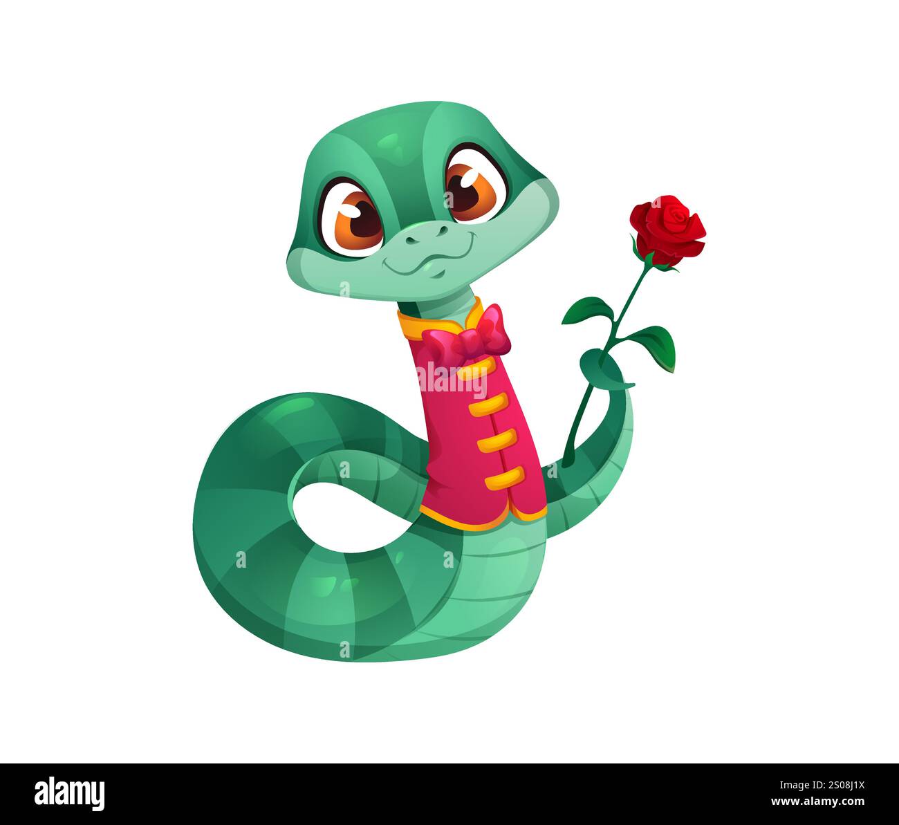 Valentine day cartoon snake character dressed in a red traditional ...