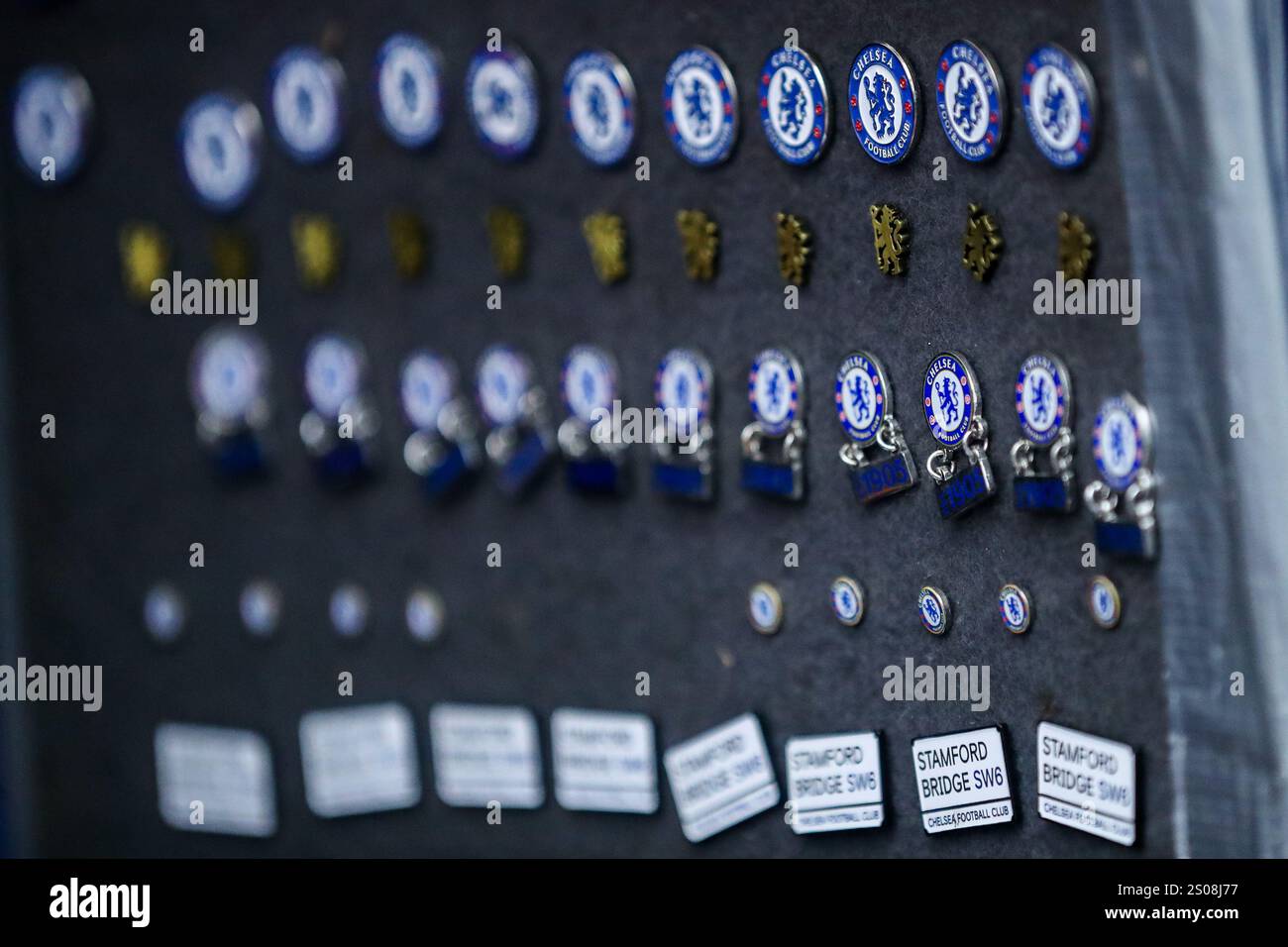 A detailed view of Chelsea pins outside of Stamford Bridge prior to the ...