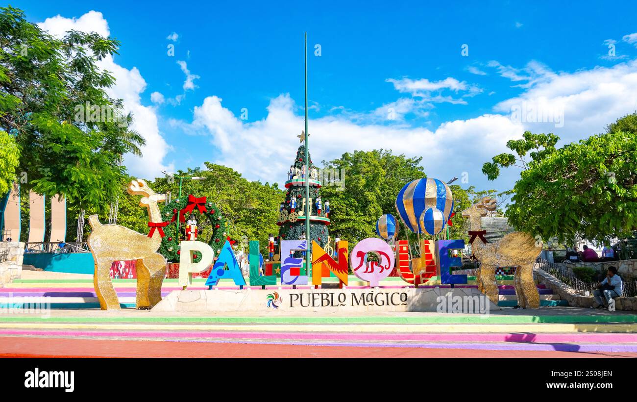 Palenque, Chiapas, Mexico, Parque Central Palenque with Christmas decorations, Editorial only ...