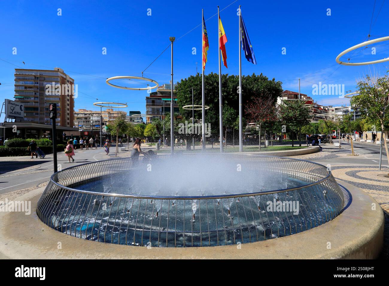 Water fountains in the Plaça Triangular, Old town Benidorm, Costa ...