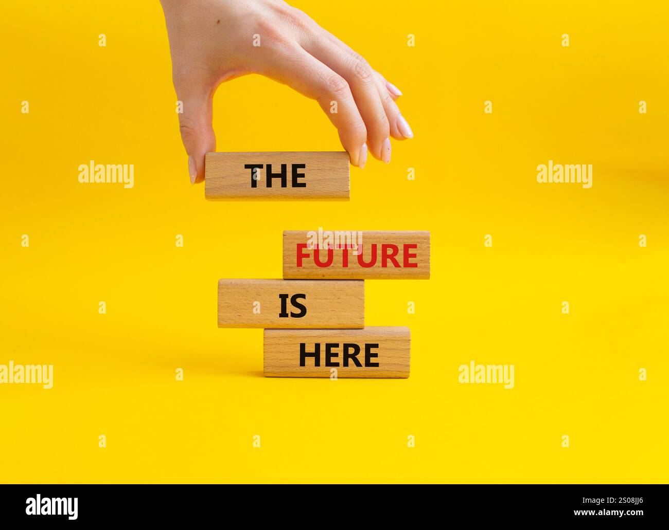 The future is here symbol. Concept words The future is here on wooden ...