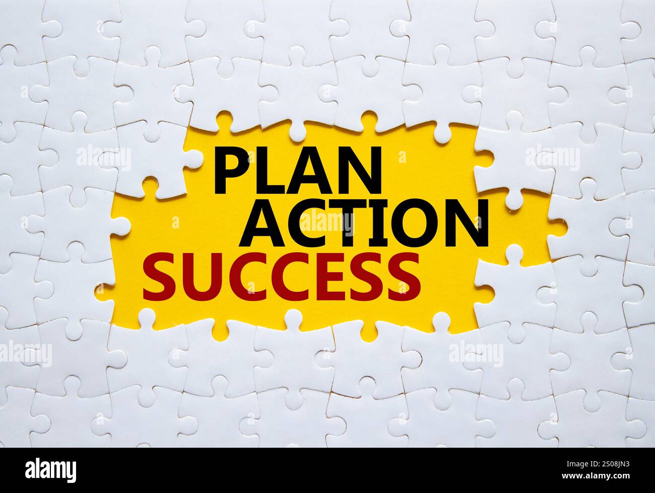 Plan Action Success symbol. Concept words Plan Action Success on white puzzle. Beautiful yellow ...