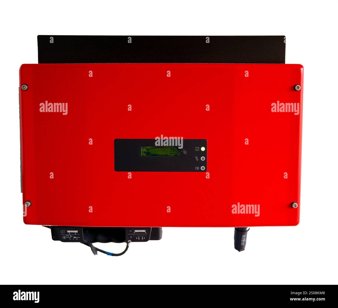 Close up of a red solar power inverter mounted to a white wall. Red ...