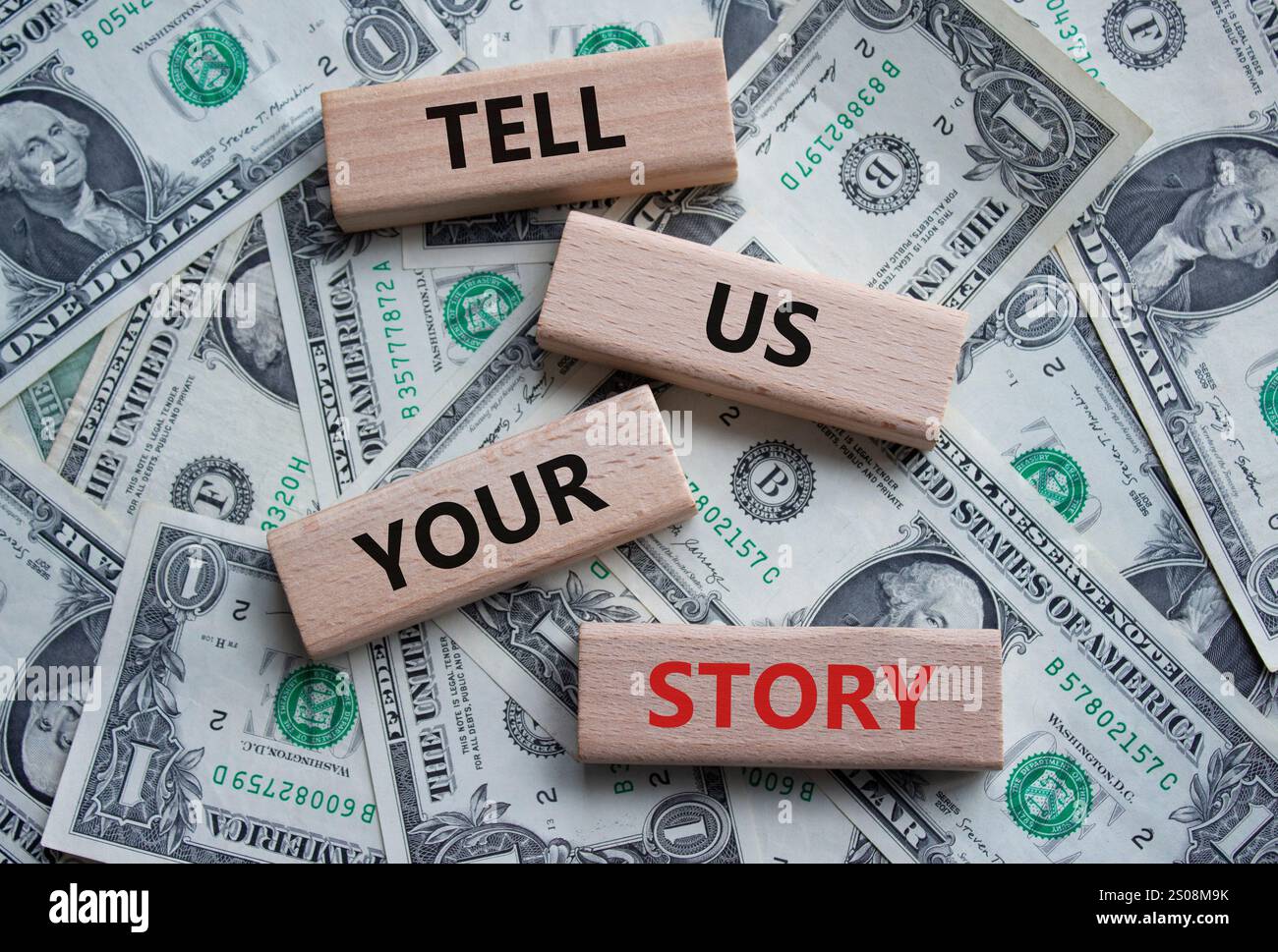 Tell us your story symbol. Concept words Tell us your story on wooden ...