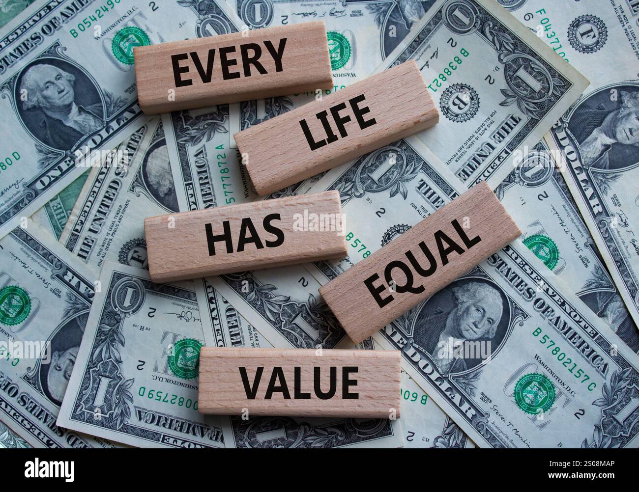 Equality symbol. Wooden blocks with words Every Life has Equal Value ...