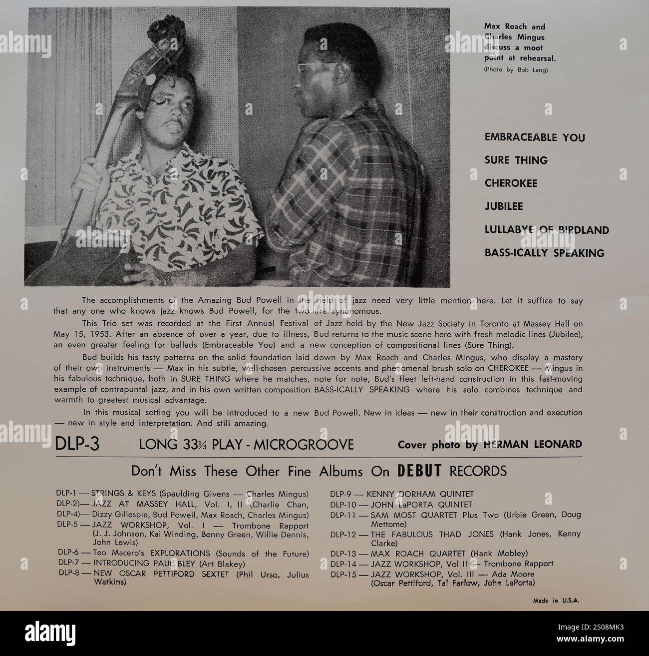 Vintage vinyl record cover. Jazz at the massey hall, Bud Powell ...