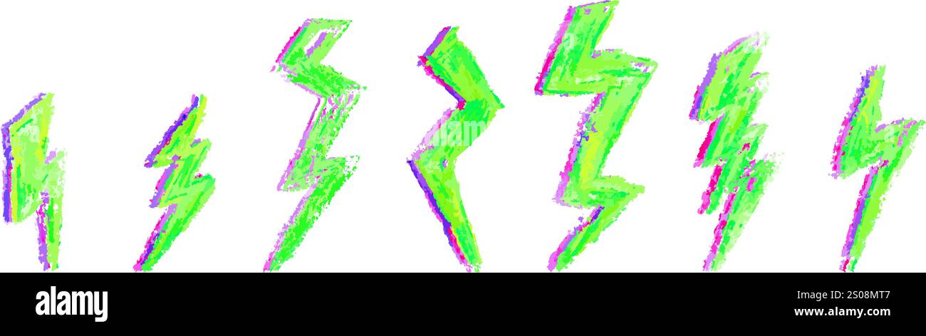 Set of lightning by wax pencil drawing. Collection of handdrawing chalk ...