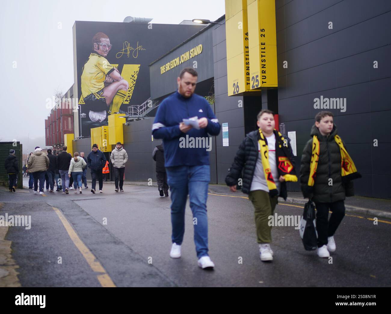Watford football fans outside the stadium, ahead of the Sky Bet ...
