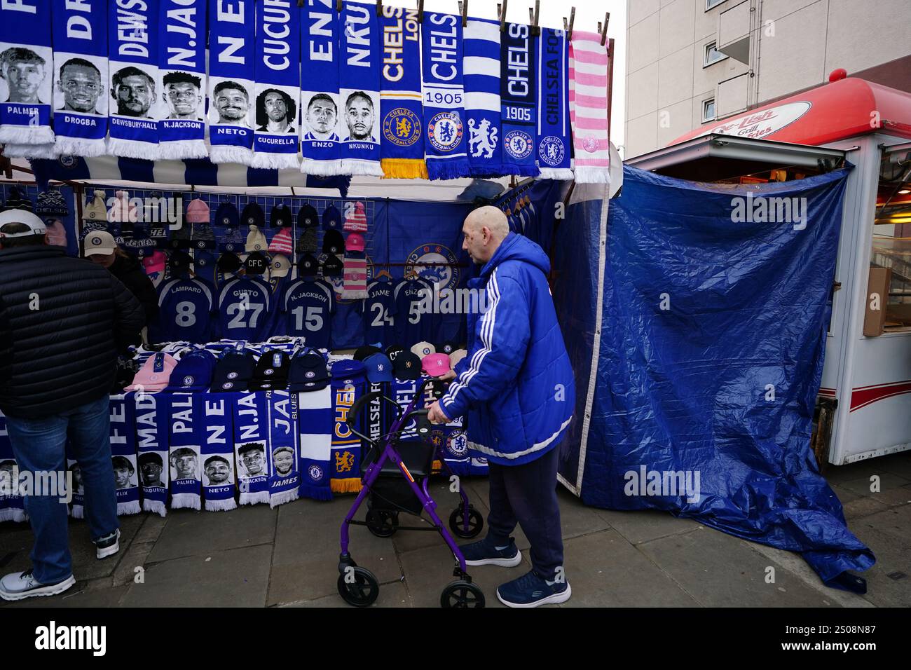 Chelsea merchandise for sale outside the ground ahead of the Premier ...