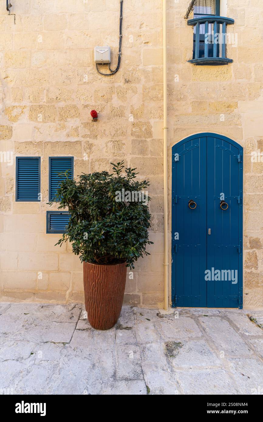 Traditional house detail in Malta. Limestone yellow bricks and colorful ...
