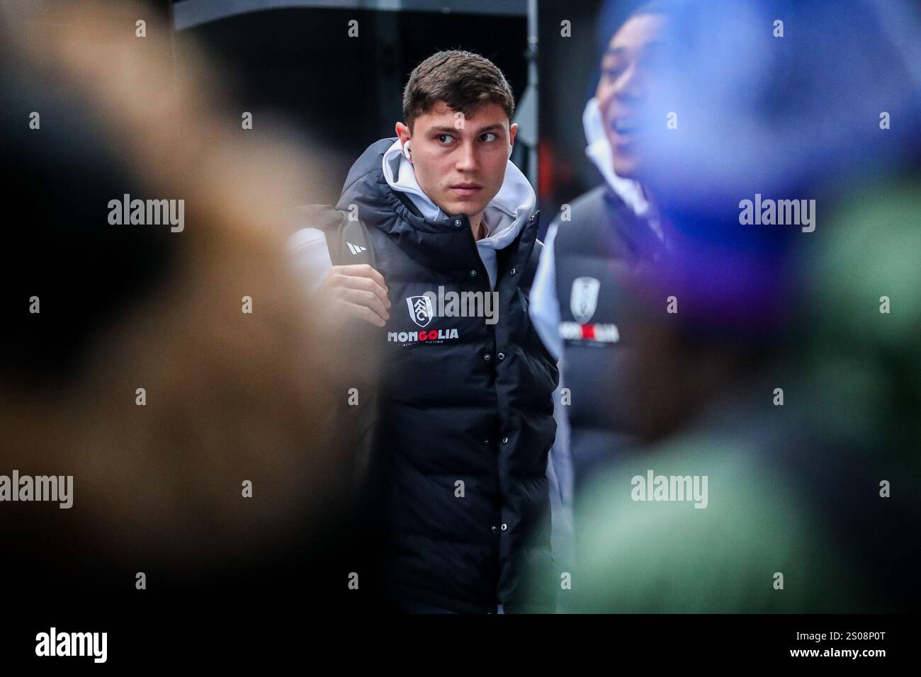 Jorge Cuenca of Fulham arrives at Stamford Bridge prior to the Premier ...