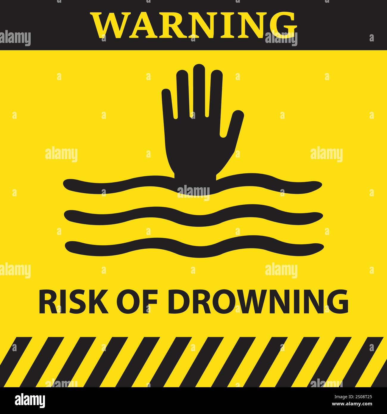 Warning symbol on yellow background with a human hand, waves and the ...