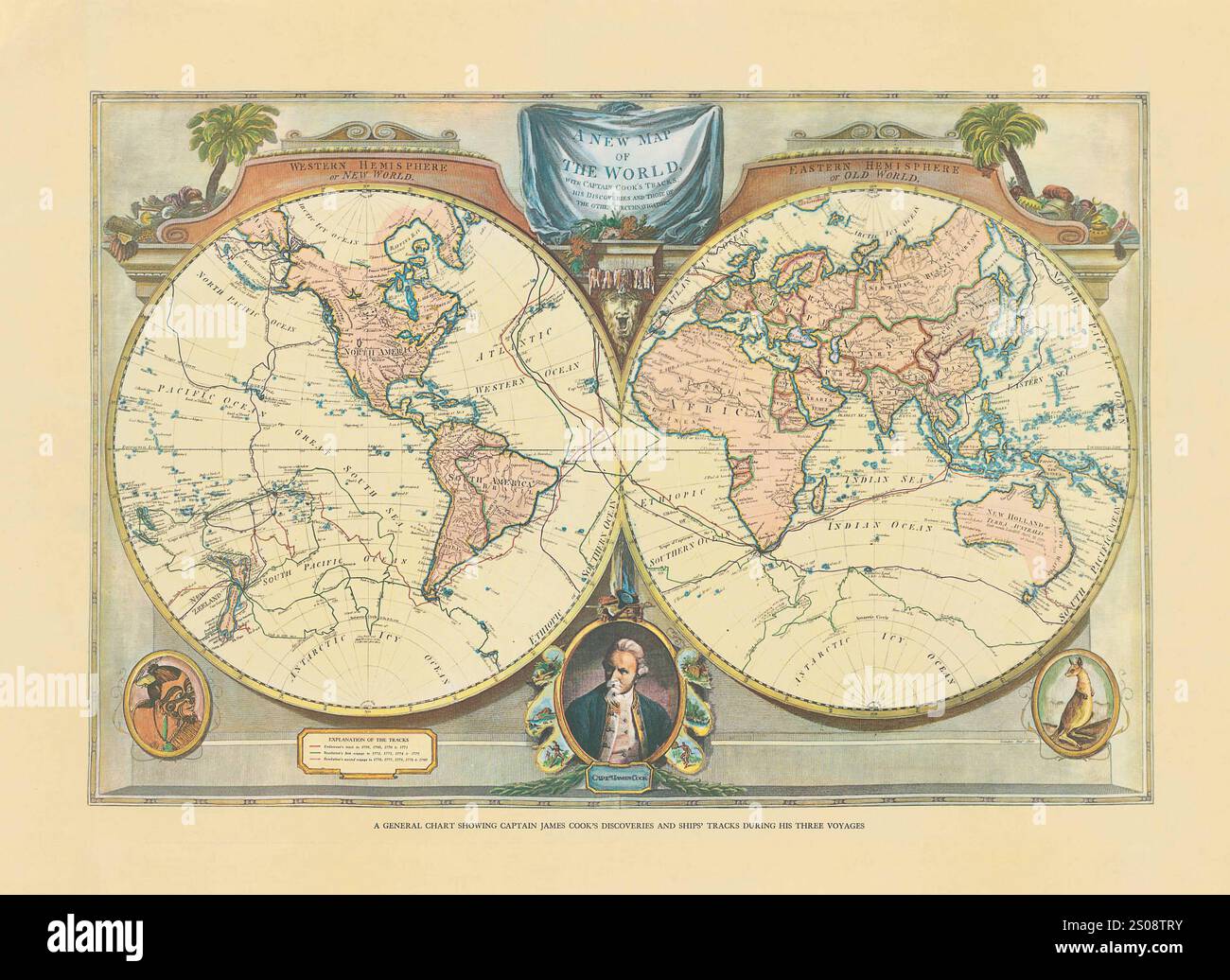 Vintage Map of the world with Captain Cook's tracks, his discoveries ...
