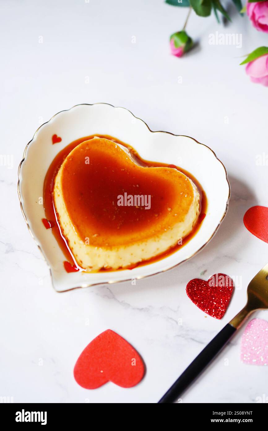 Heart shaped Creme caramel pudding or Caramel flan -Valentines day ...