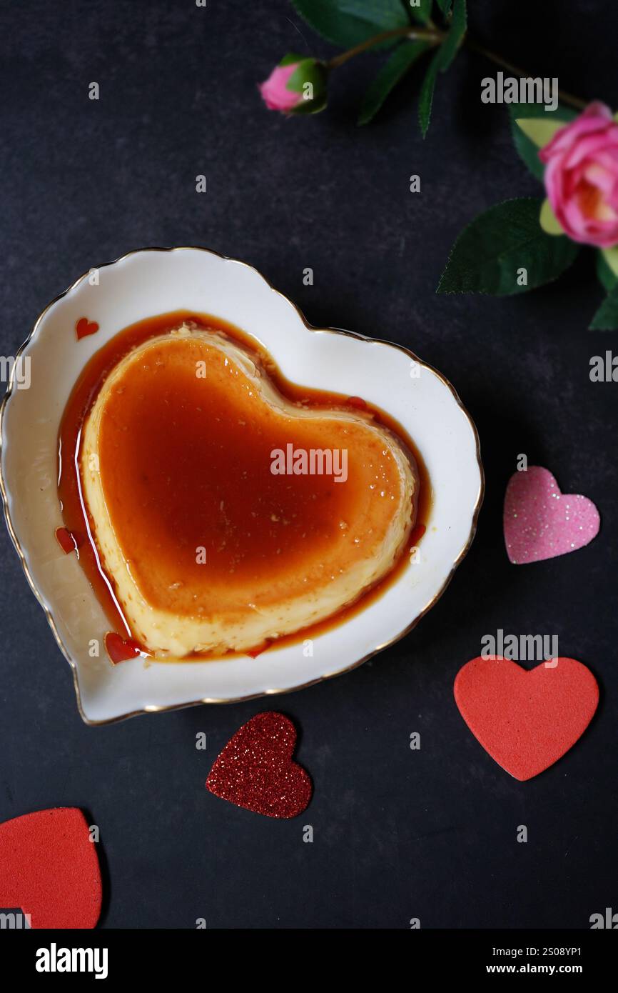 Heart shaped Creme caramel pudding or Caramel flan -Valentines day ...