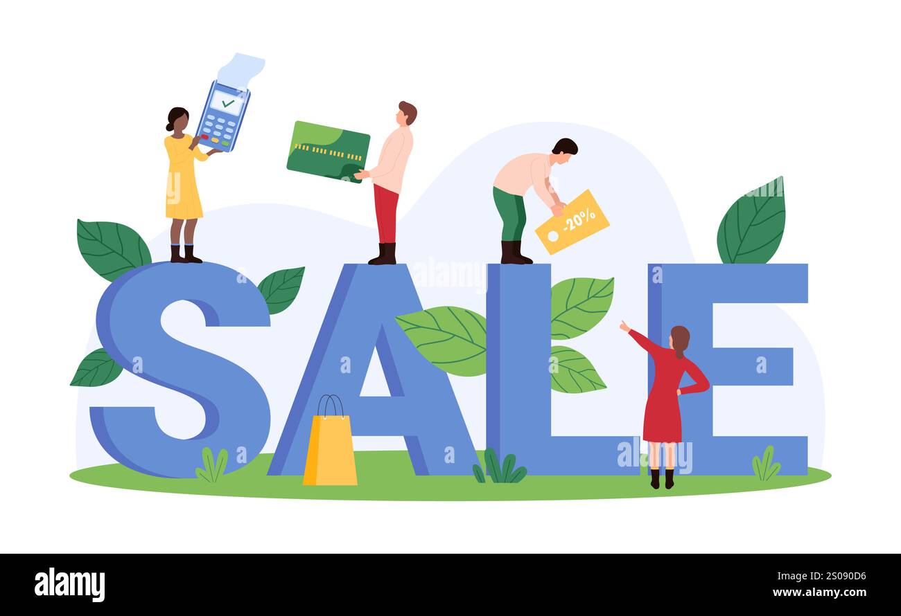 Retail store sales offer, promotion banner design. Tiny people with ...