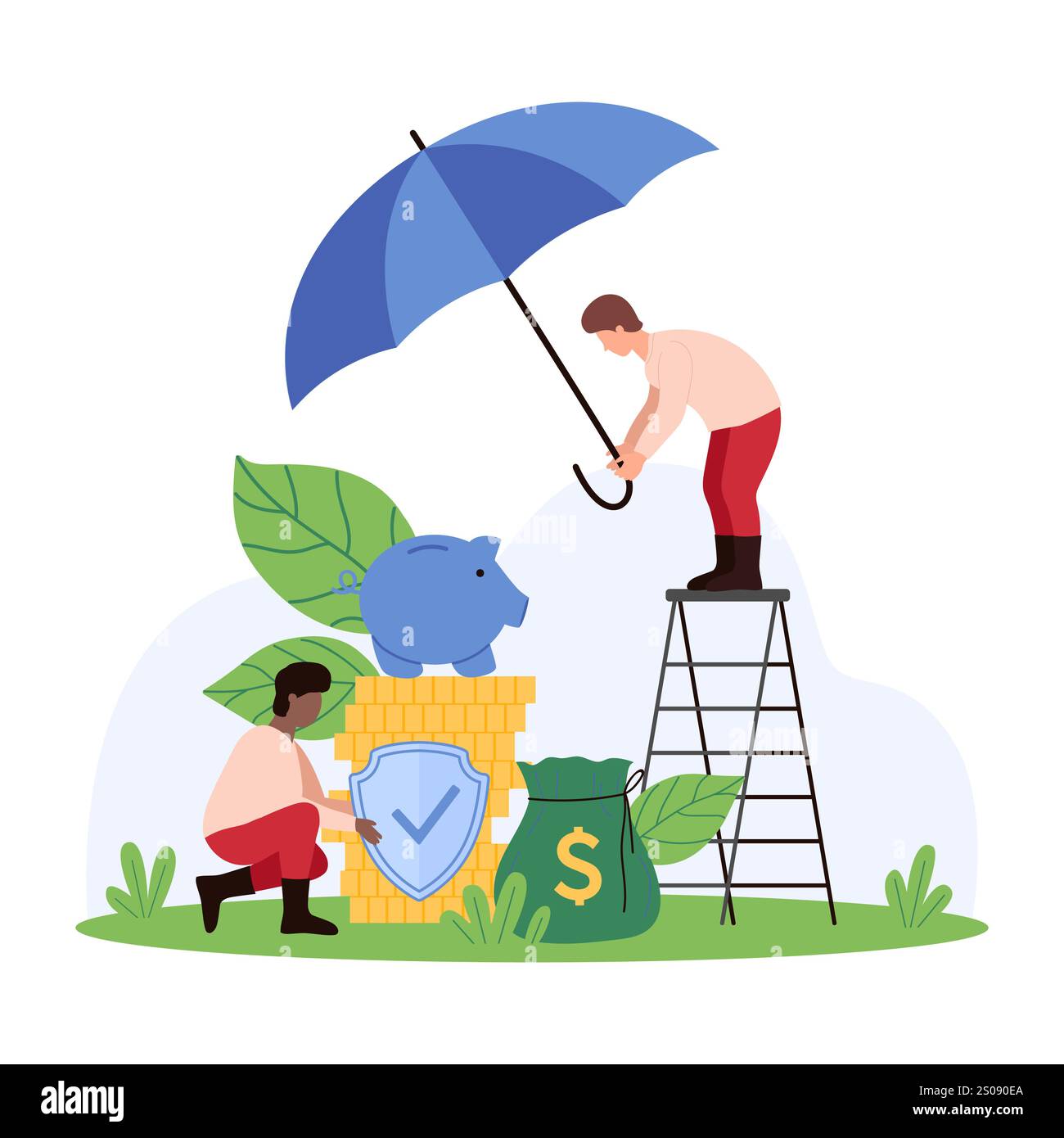 Money savings protection, insurance. Tiny people holding umbrella and shield over pile of gold ...