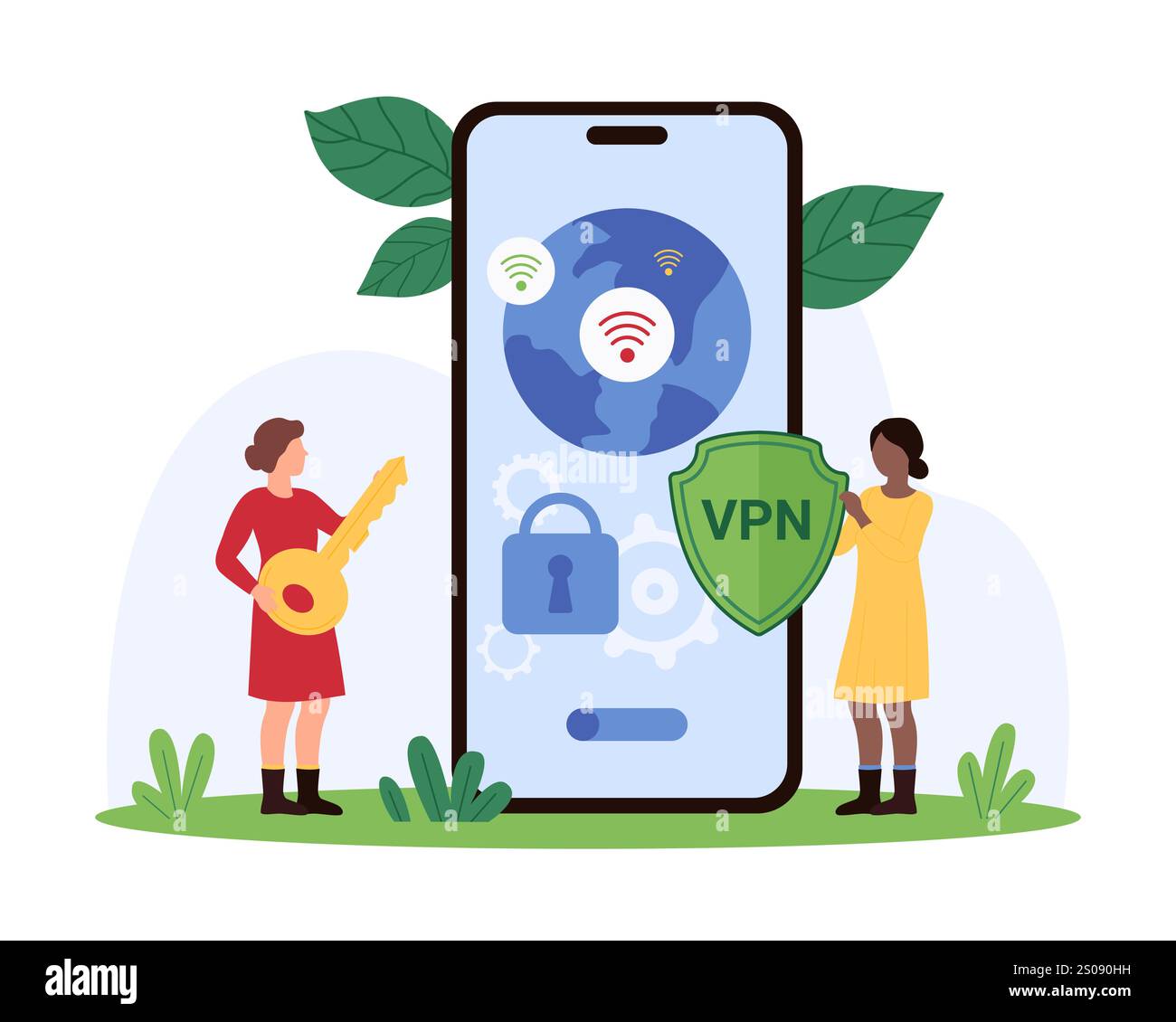 Privacy protection and safety online using VPN. Tiny people holding ...