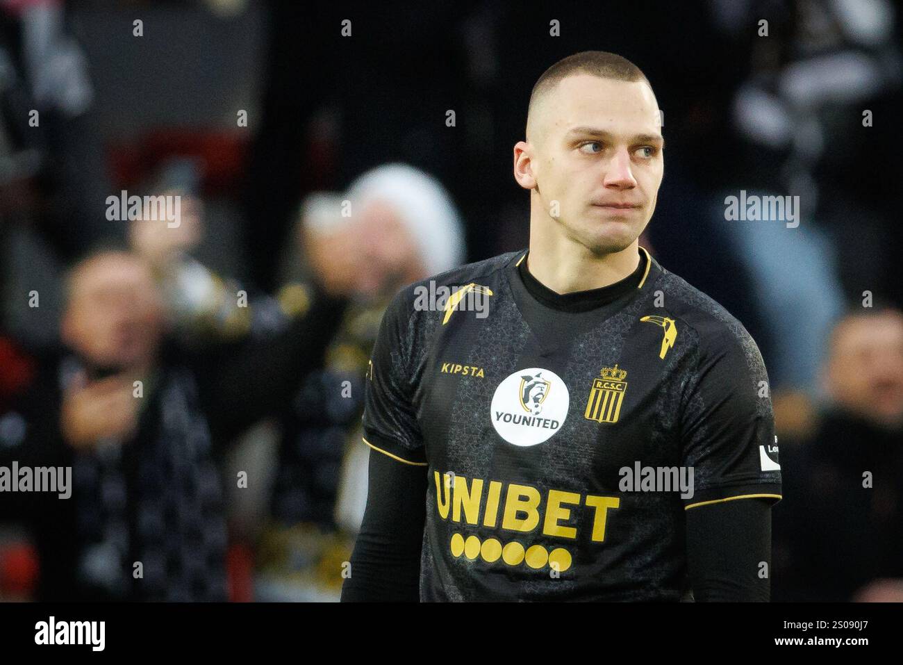 Charleroi's Nikola Stulic pictured with the Younited logo during a ...