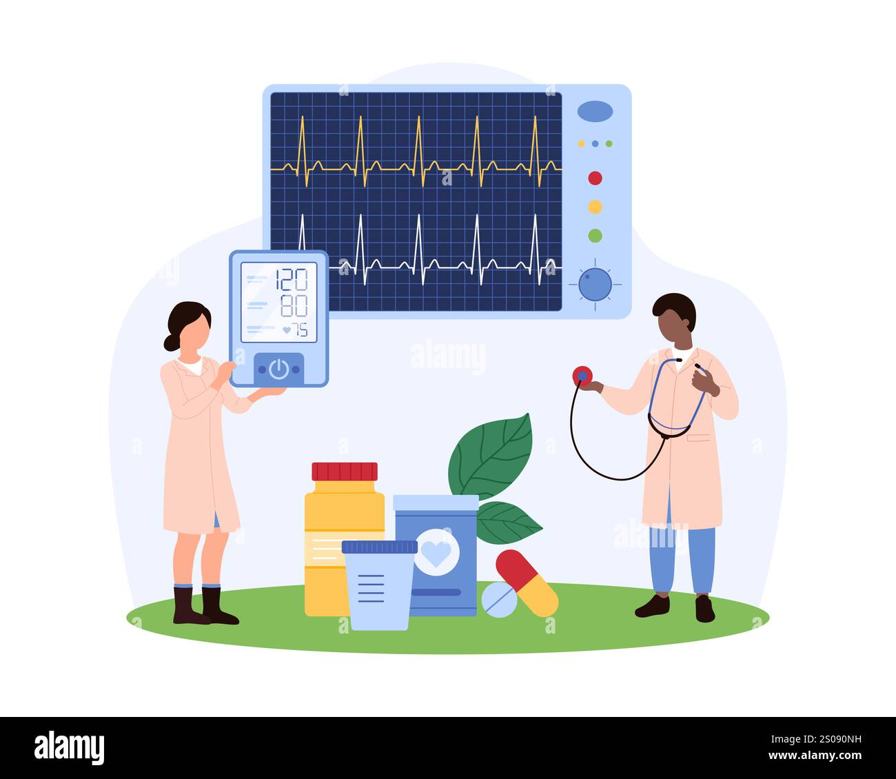 Medical team measuring heart rate and blood pressure with modern equipment, ensuring patient ...