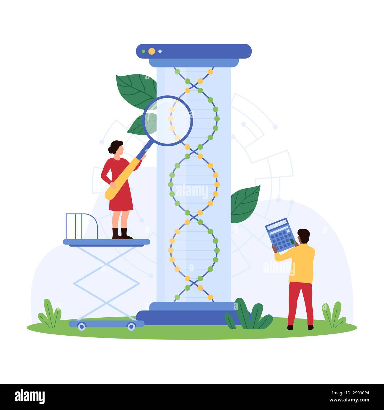 Scientists studying DNA structure. One uses a magnifying glass, another ...