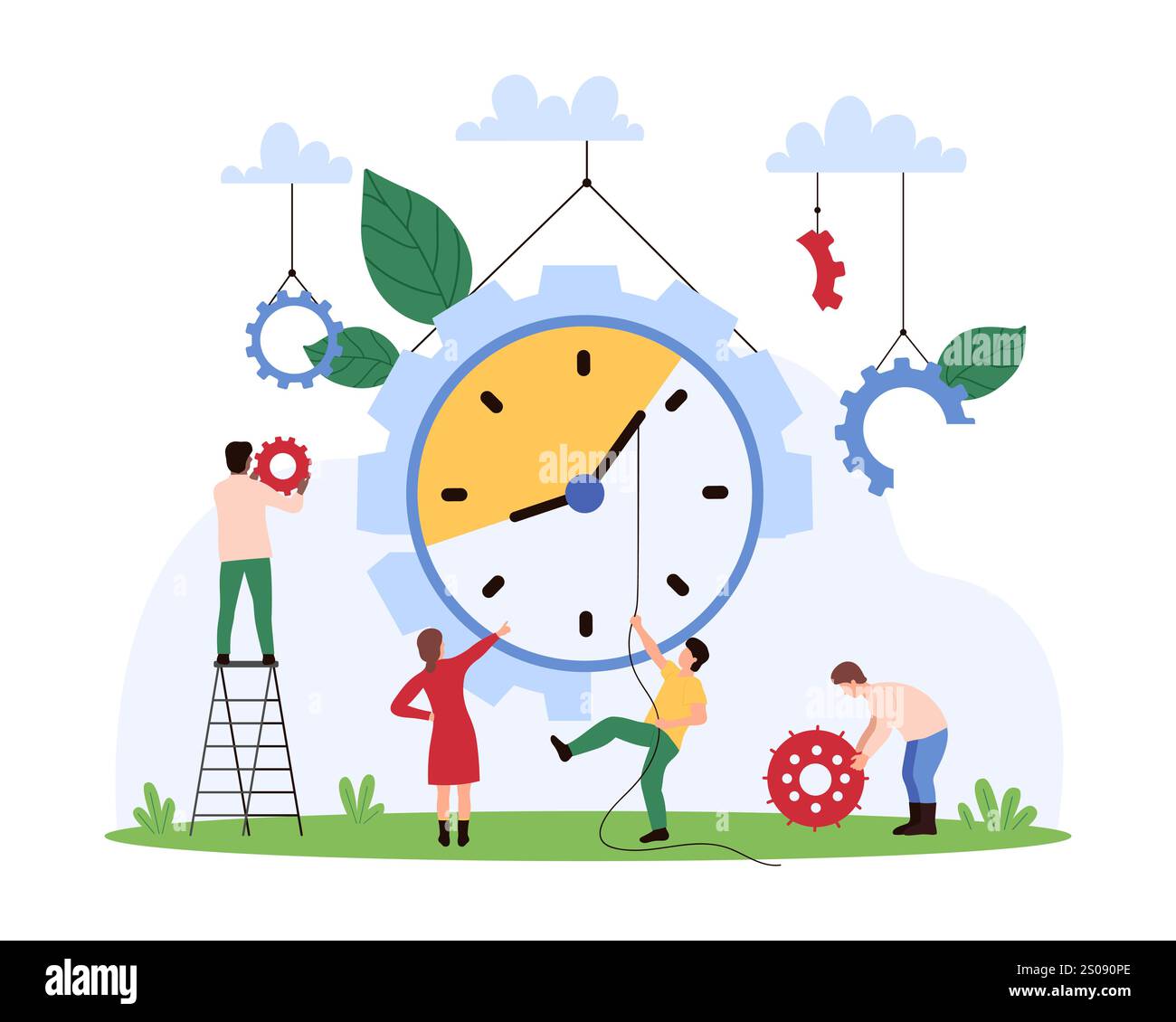 Individuals groups collaboratively managing time and productivity using large gears and clock ...