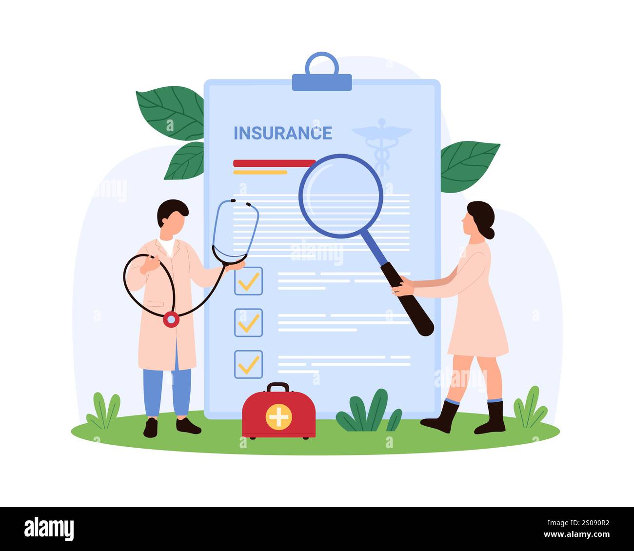 Doctors examining a health insurance document with a magnifying glass ...