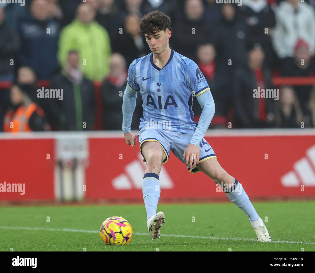 Archie Gray of Tottenham Hotspur passes back to the keeper during the ...