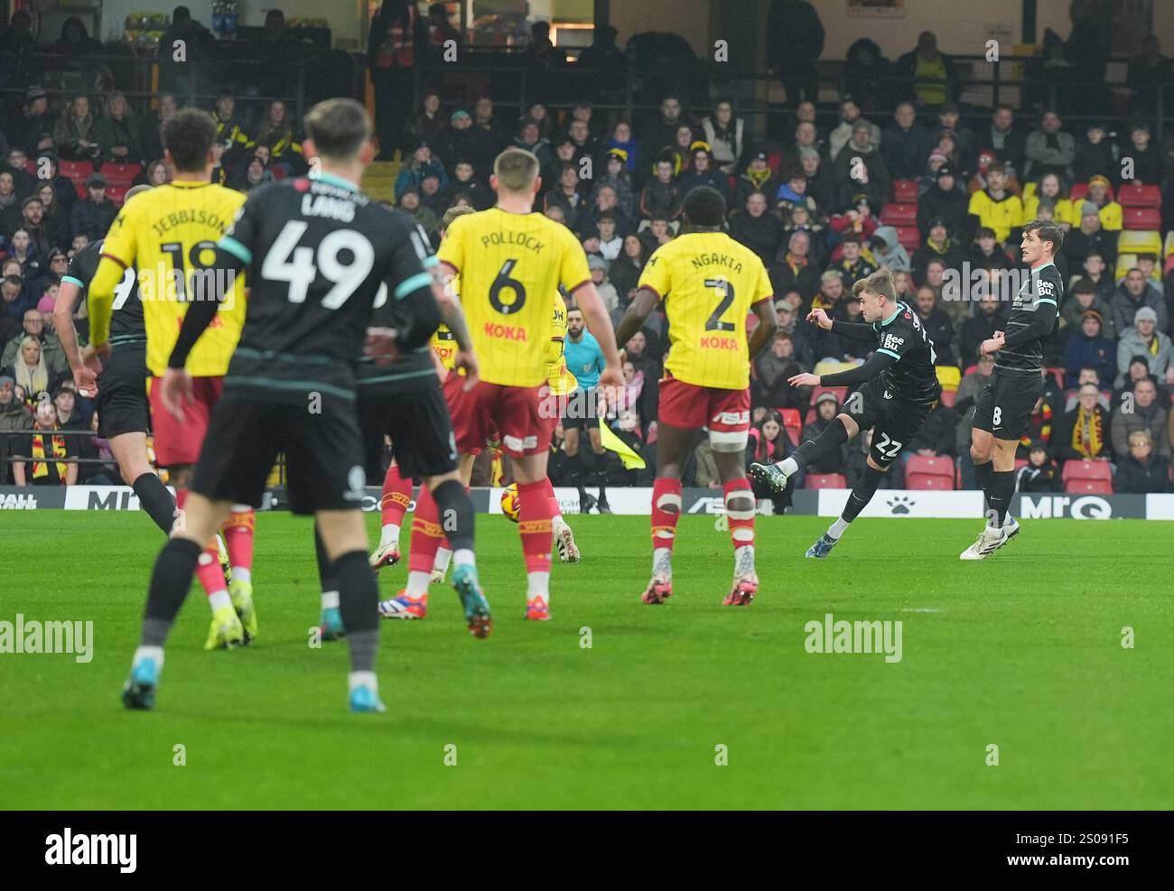 Portsmouth's Zak Swanson (2nd right) shoots and scores, during the Sky ...