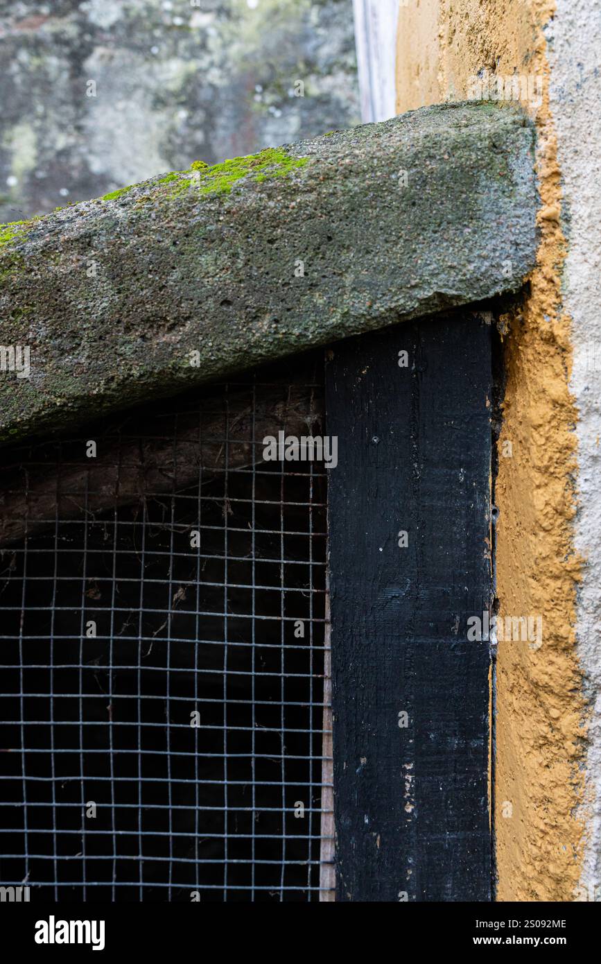 Detail of the corner of a wire mesh enclosure and the wall. The wall ...