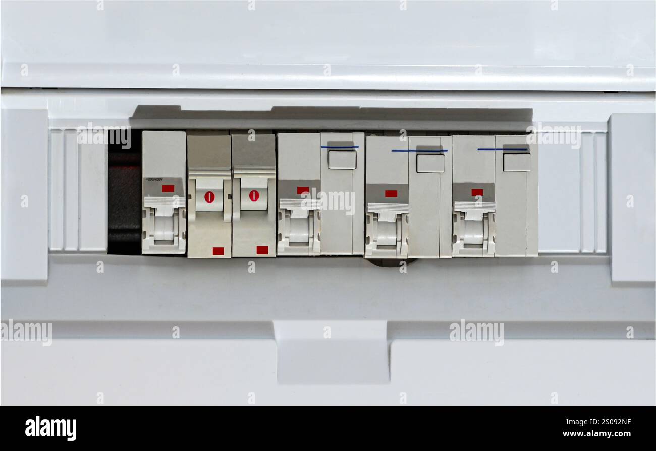 Close-up of an electrical panel displaying circuit breakers controlling ...