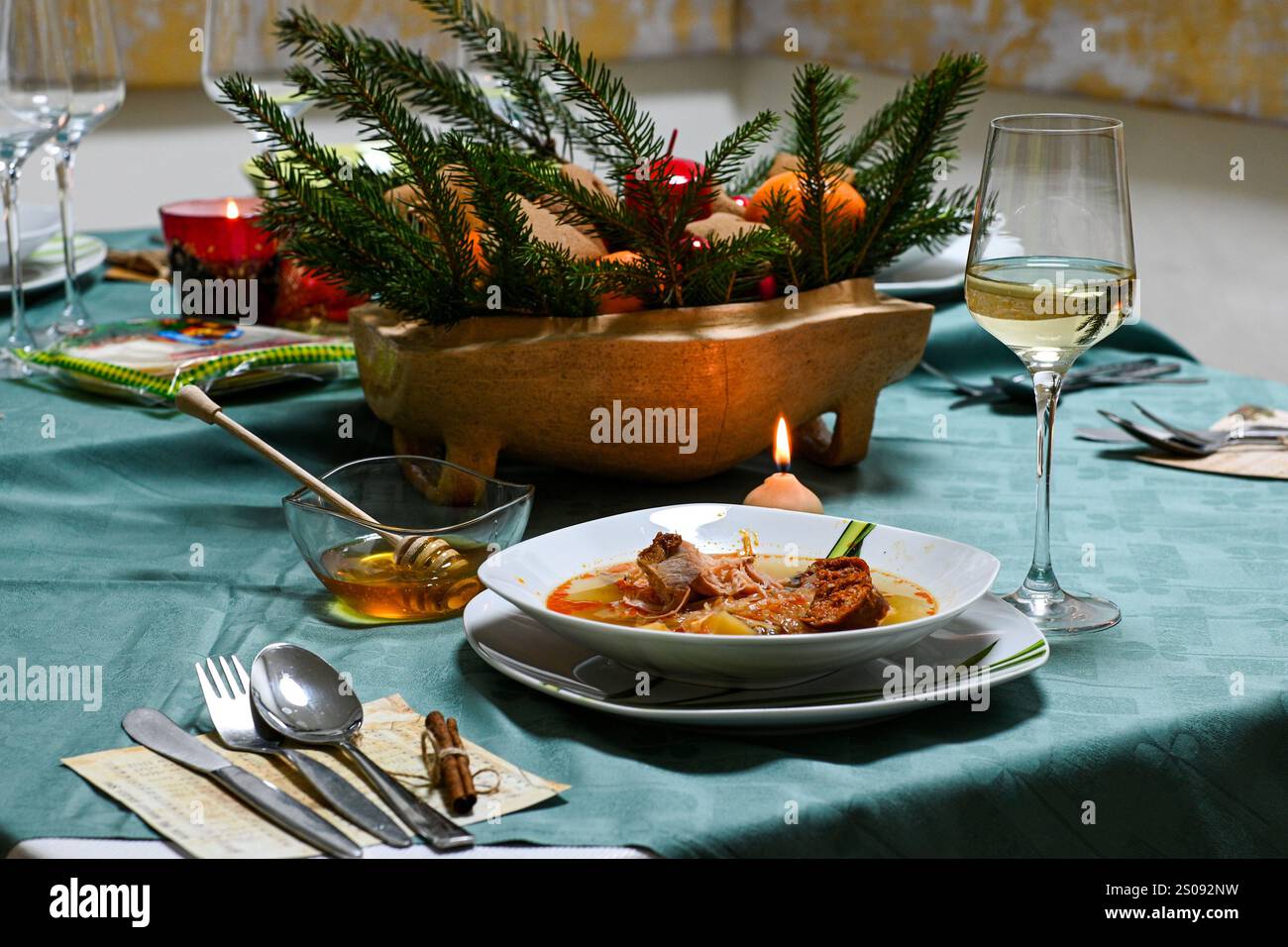 Traditional slovakia christmas dinner table with cabbage stew, white ...