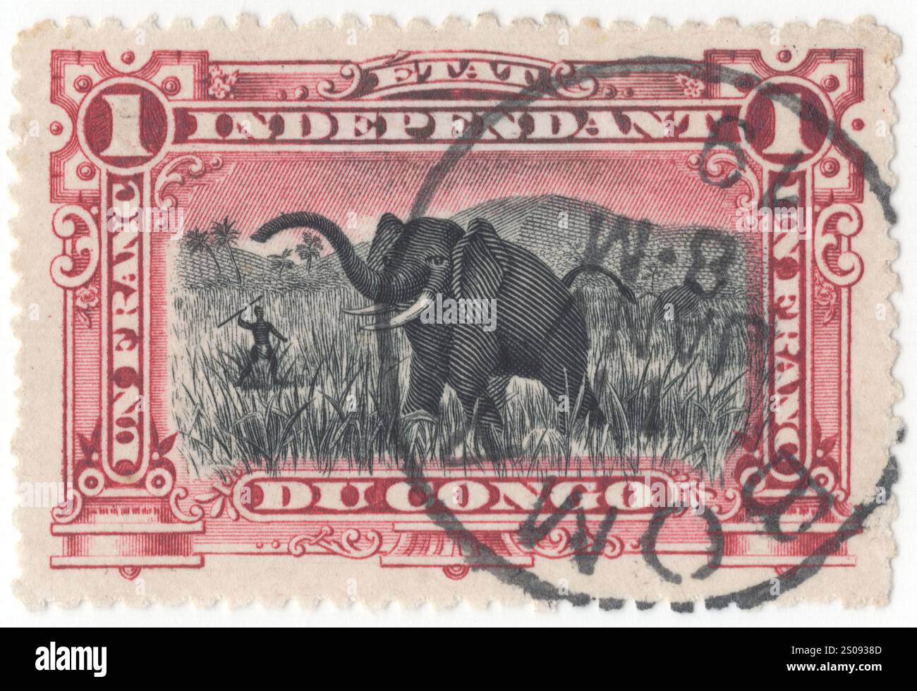 BELGIAN CONGO - 1901: 1 franc carmine and black postage stamp depicting ...