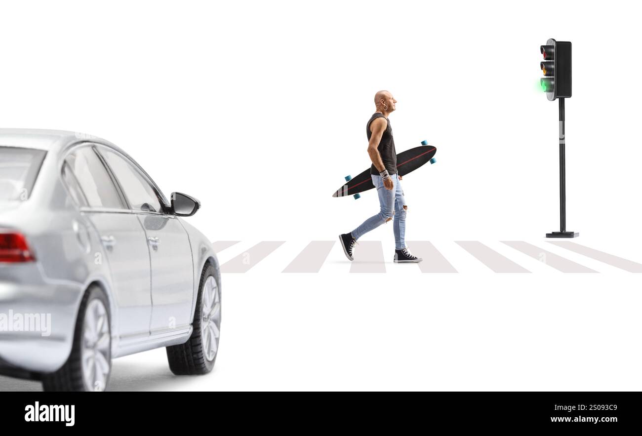 Full length profile shot of a guy carrying a longboard and crossing a ...