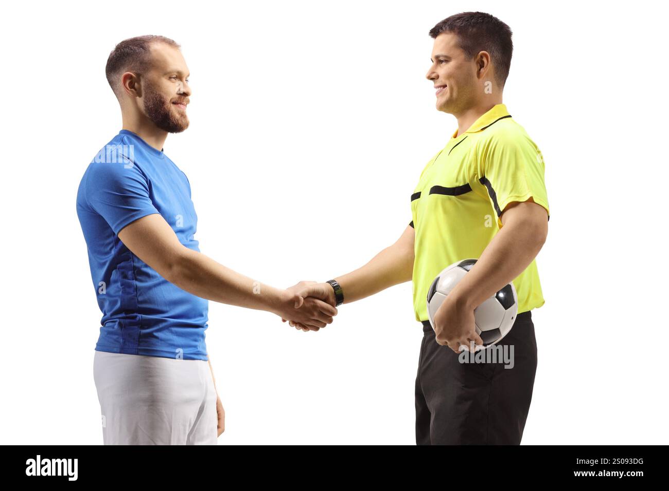 Football player shaking hands with a referee isolated on white ...