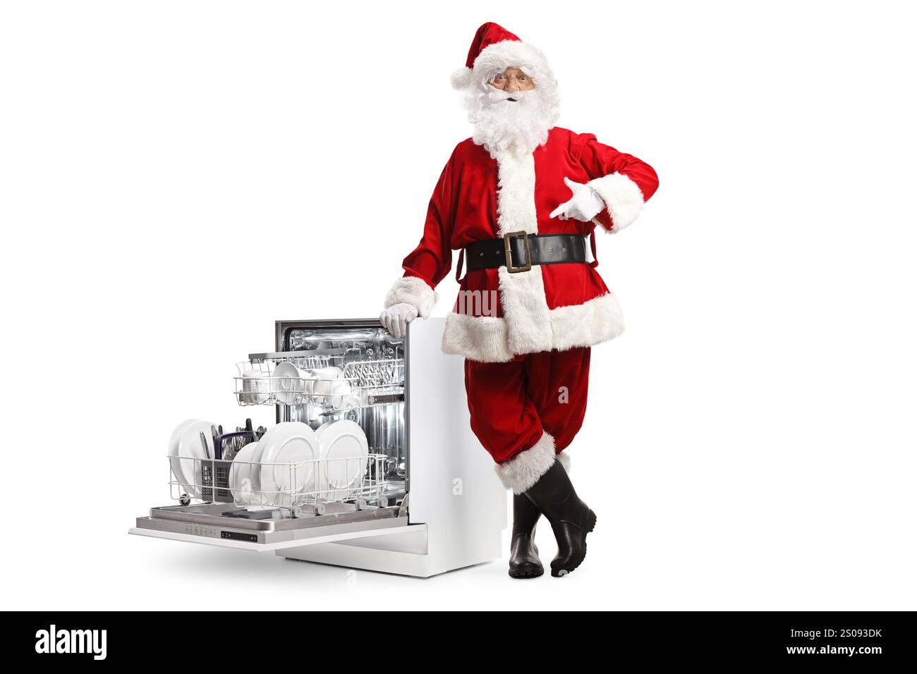 Santa Claus pointing at clean dishes in a dishwasher isolated on white ...