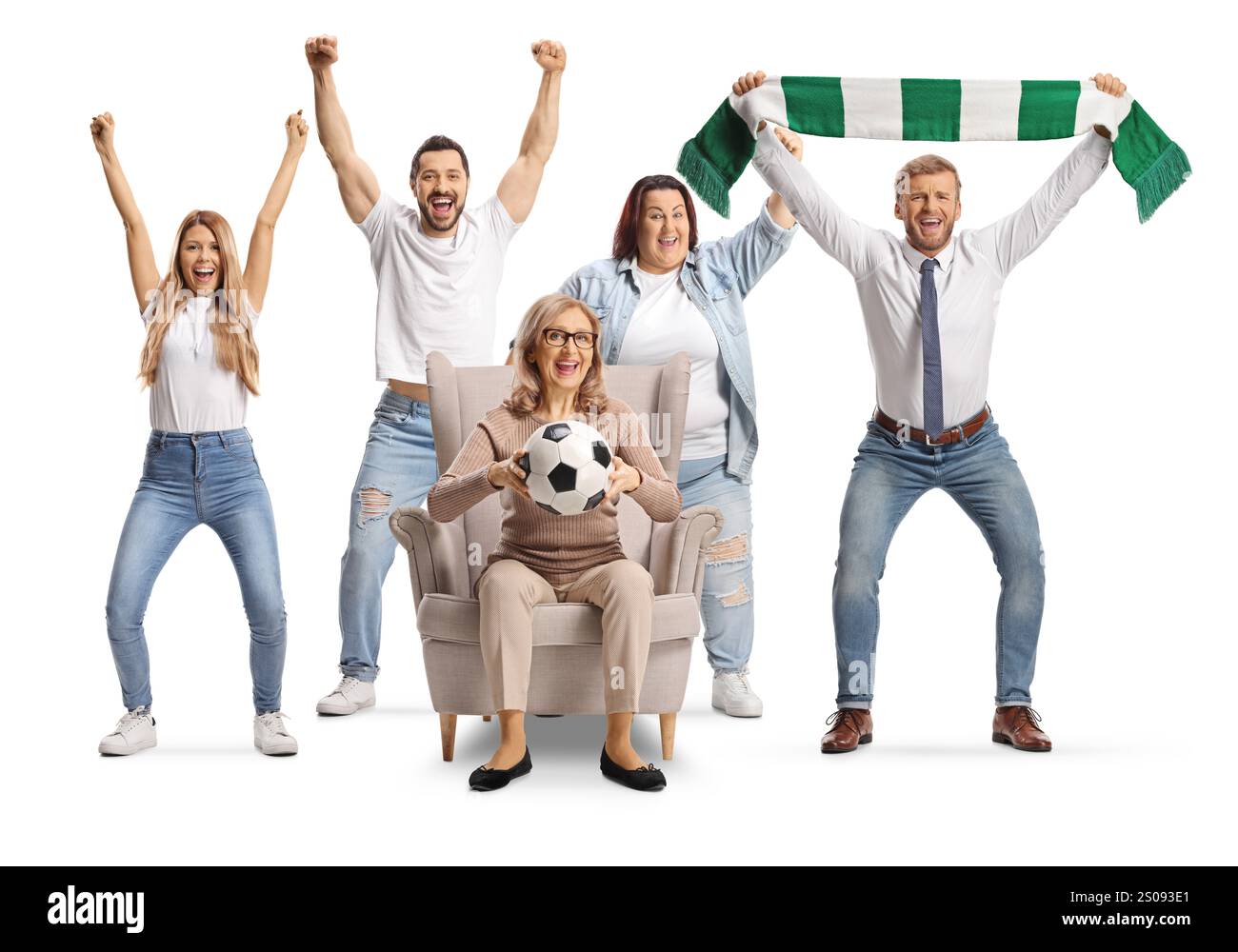 Group of football fans cheering with a ball and scarf isolated on white ...