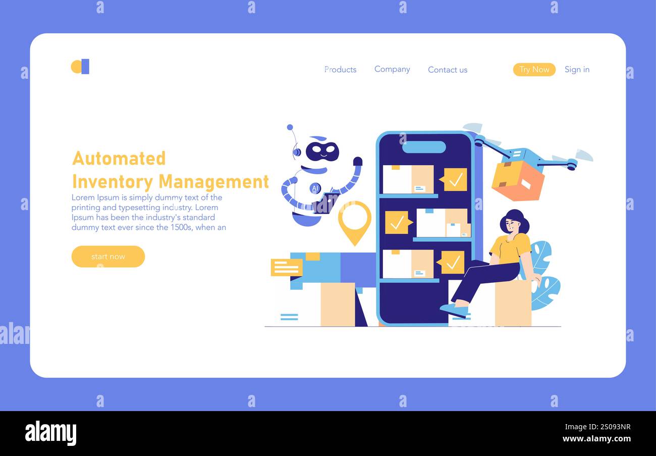 Logistics Automation concept. Digital inventory management with AI and drone technology ...