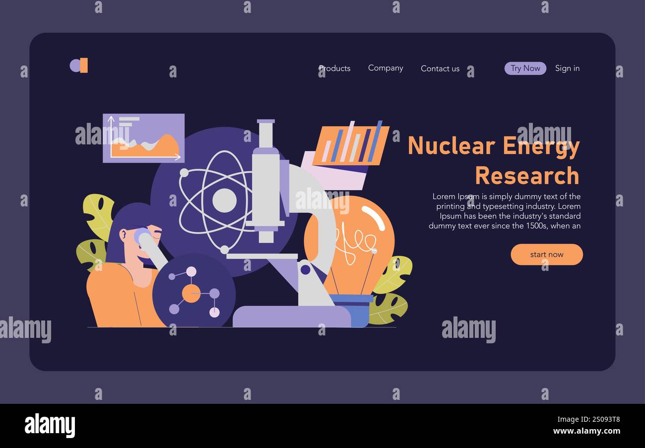 Nuclear Power concept. Scientists engage in atomic energy research, showcasing a microscope and ...