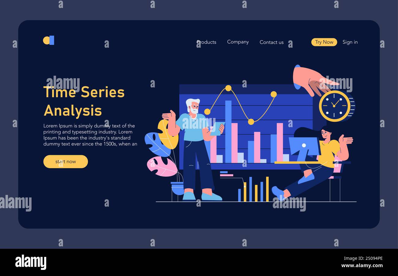 Forecasting concept. Analysts interpreting trends in time series data with graphs, under ...