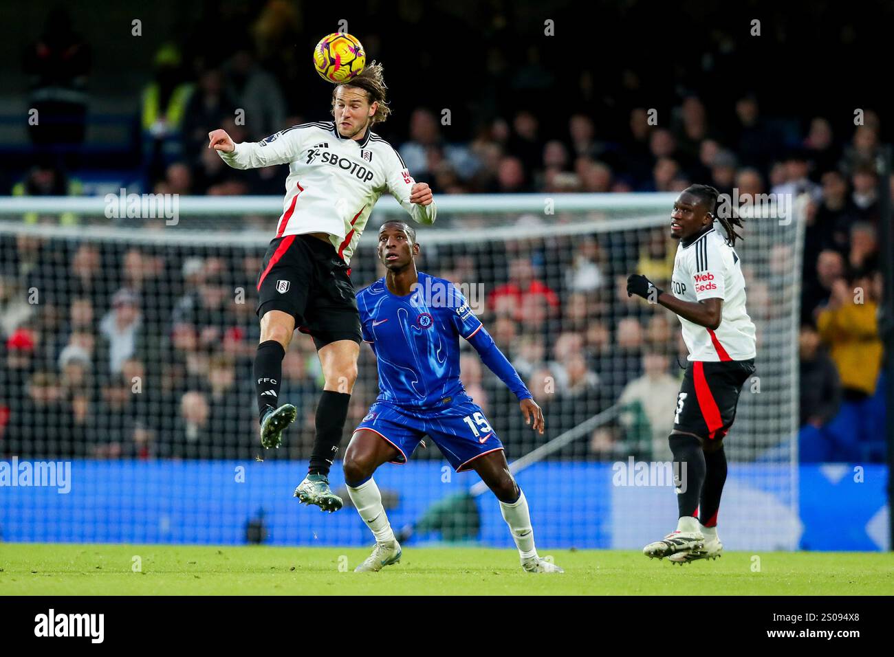 Joachim Andersen of Fulham heads the ball during the Premier League ...