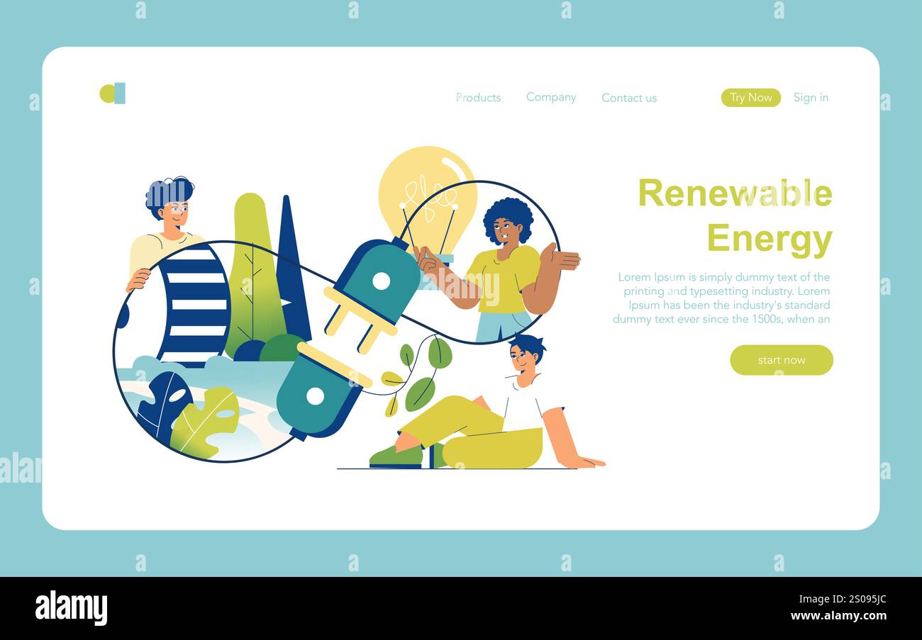 Electrification concept. Illustration of people engaging with renewable ...