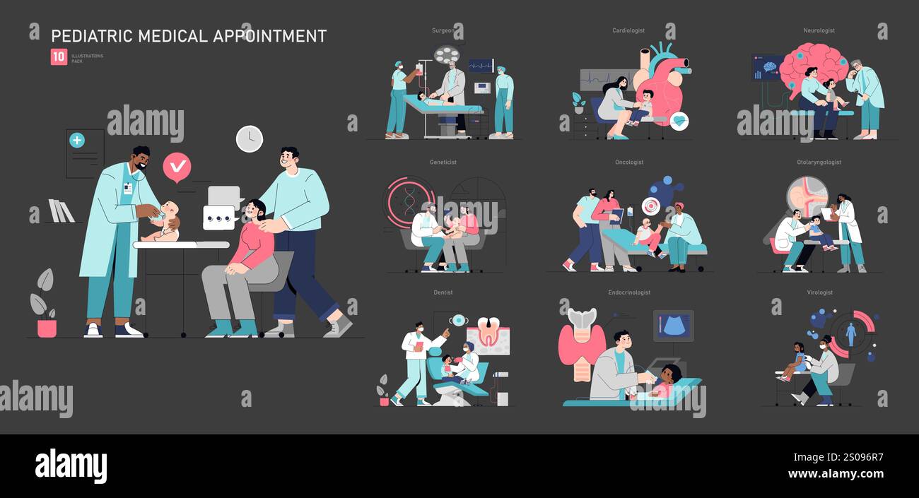 Pediatric medical appointment set. Children visiting various healthcare ...