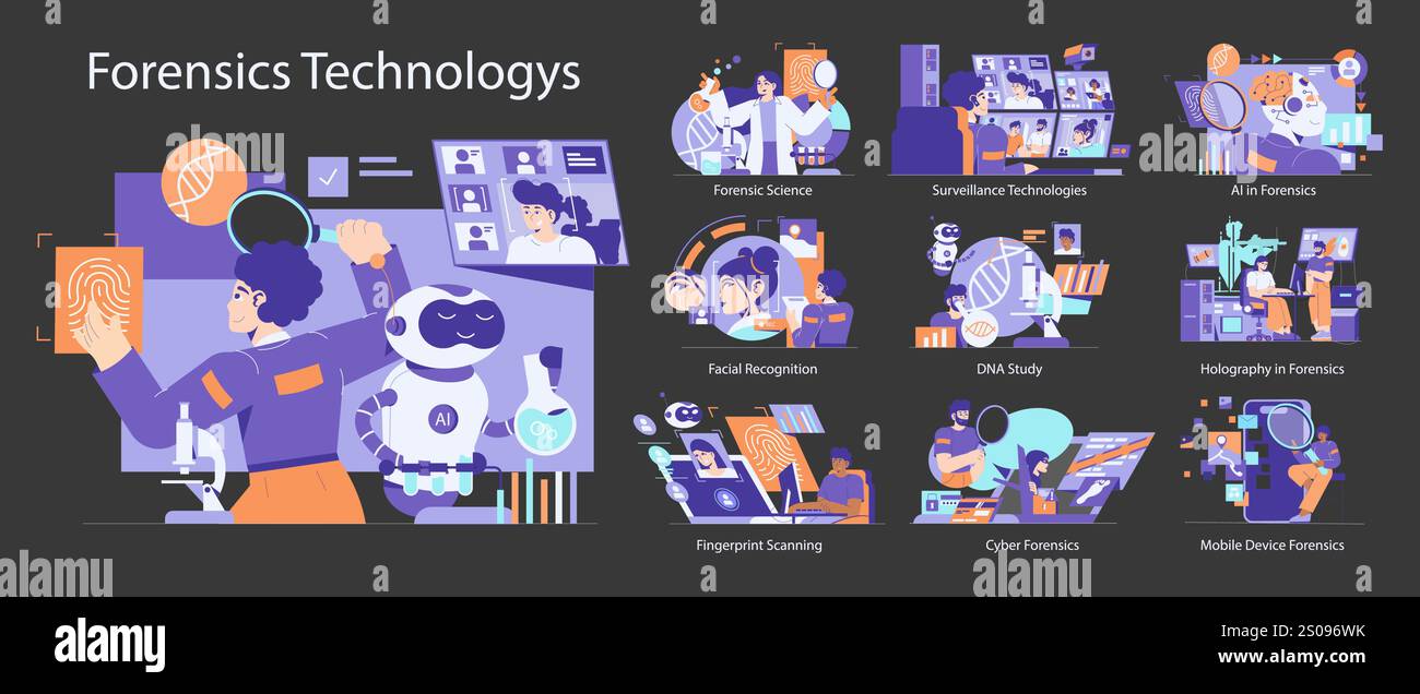 Forensics Technology set. Modern digital advancements in crime scene ...
