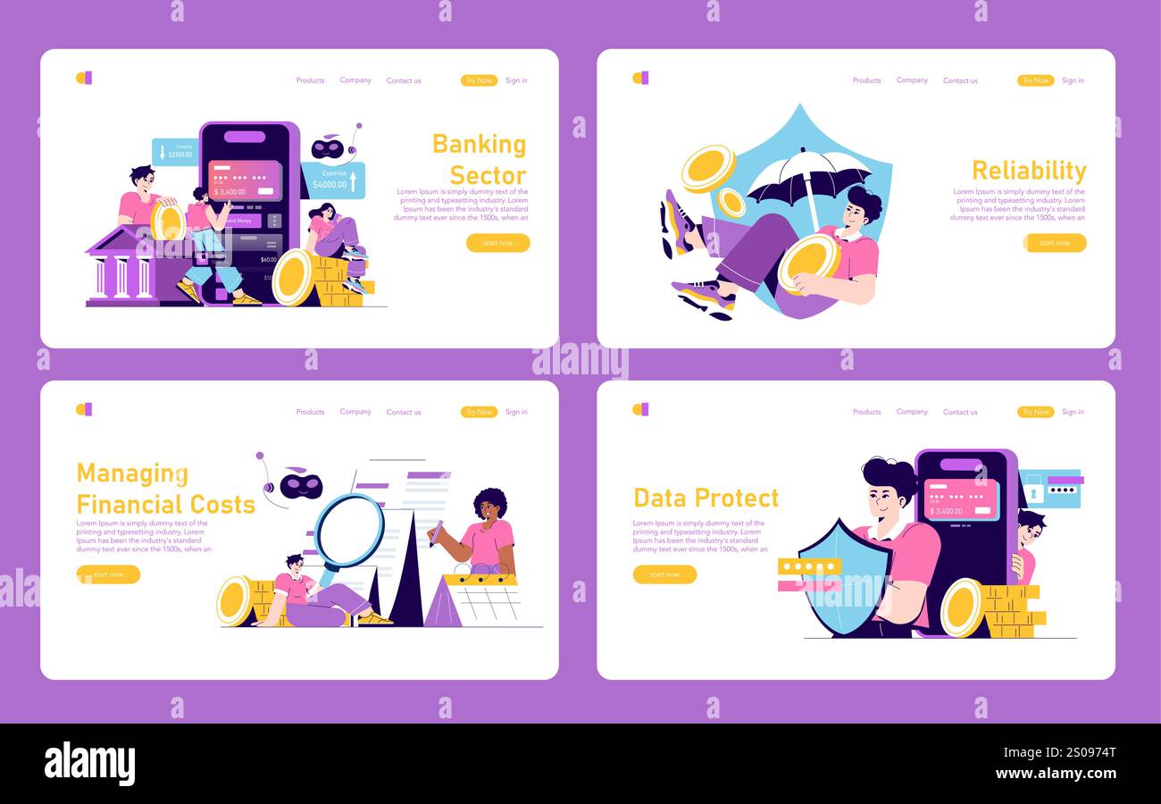 Banking Sector set. Illustrations of financial services, security, cost management and stability ...