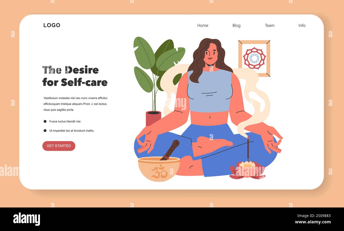 Self-care concept. Illustration of a woman meditating with plants and ...