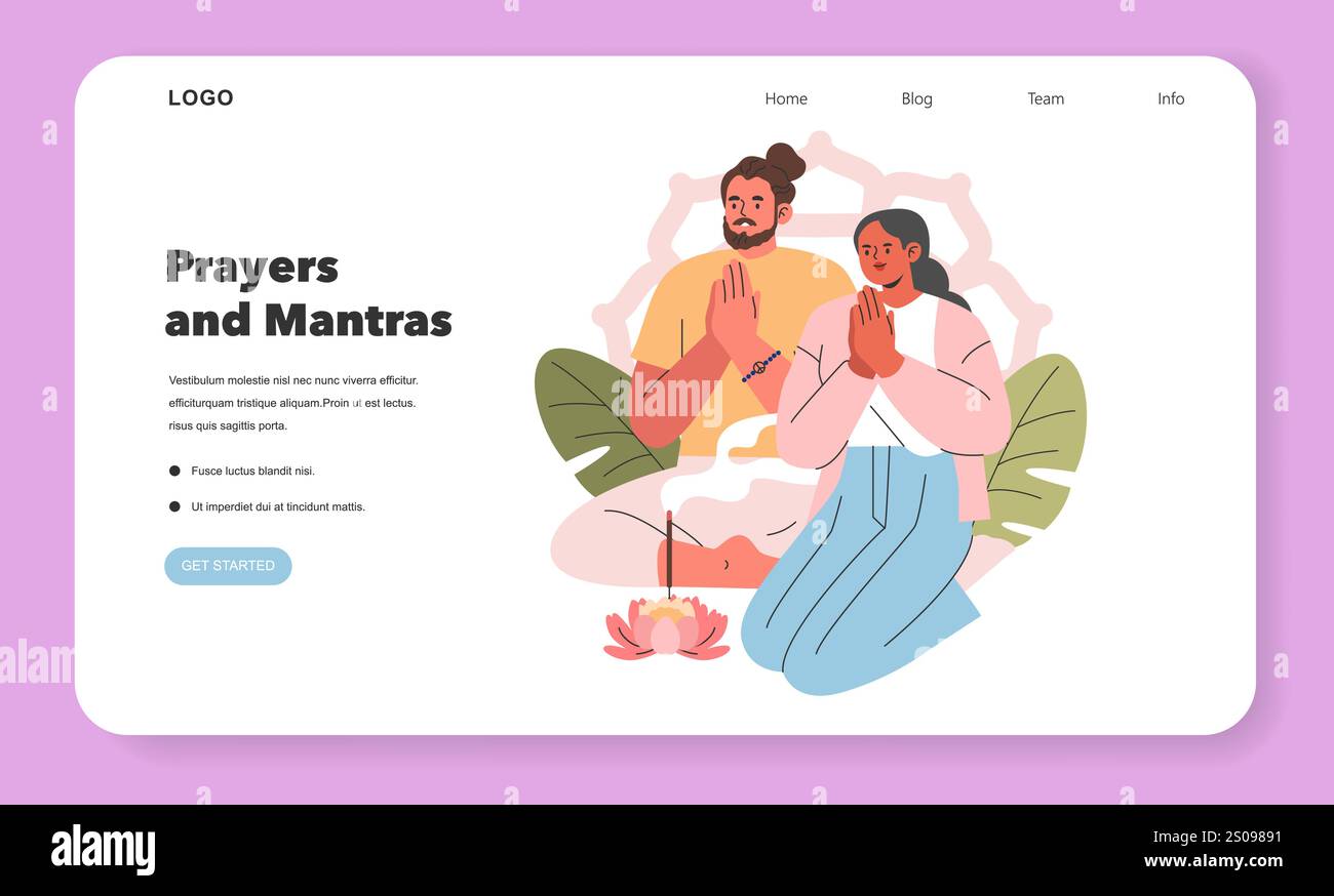 Meditation and prayer web banner concept. Serene man and woman in a ...